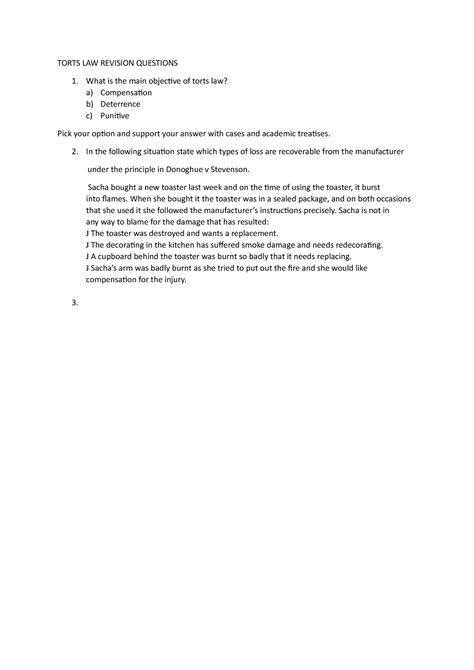 Torts LAW Revision Questions TORTS LAW REVISION QUESTIONS What Is The Main Objective Of Torts