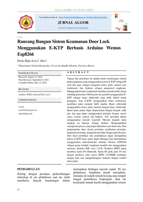 Pdf Rancang Bangun Sistem Keamanan Door Lock Menggunakan E Ktp