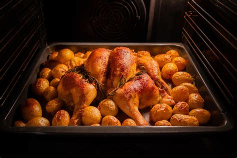 오븐에 통 닭고기와 감자를 구이 오븐에서 황금 색 오리 요리 로스터 내부의 새 고기와 감자 굽기 감자 요리에 대한 스톡 사진 및 기타 이미지 Istock