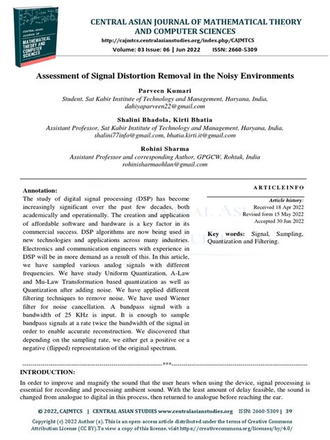Assessment Of Signal Distortion Removal In The Noisy Environments Pdf