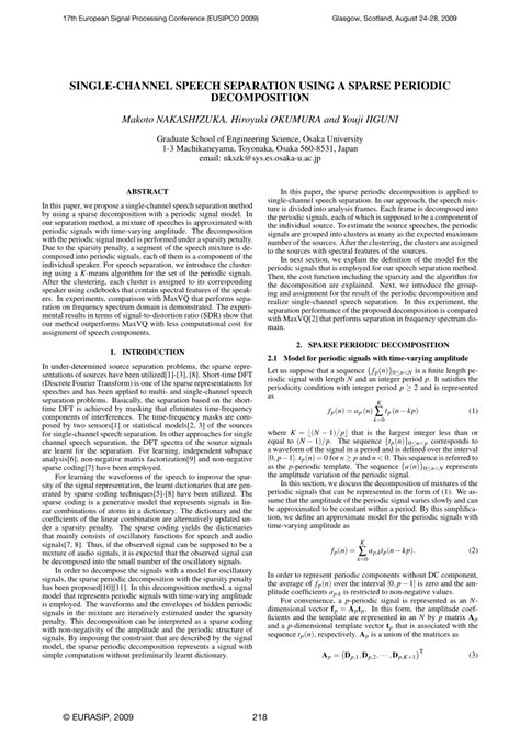PDF Single Channel Speech Separation By Using A Sparse Decomposition