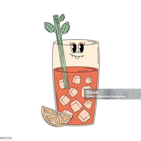 복고풍 그루비 캐릭터 여름 칵테일 귀여운 알코올 음료 블러디 메리 빈티지 벡터 일러스트 레이 션 70 년대 투명 배경에 80 년대 스타일 가공의 인물에 대한 스톡 벡터 아트