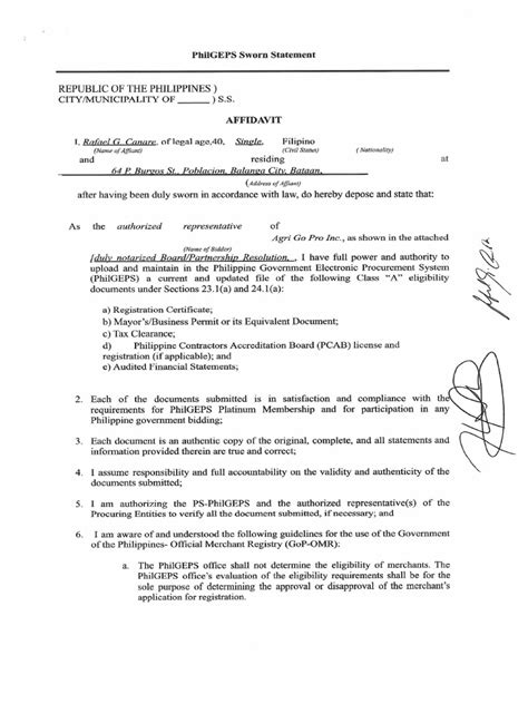 Philgeps Sworn Statement Pdf
