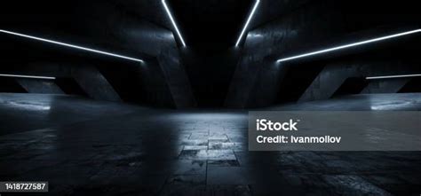 Sci Fi 미래 지향적 인 어두운 외계인 우주선 콘크리트 시멘트 현실적인 터널 복도 복도 쇼룸 창고 스튜디오 지하 격납고 차고