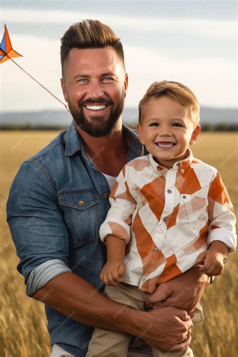 Premium Photo A Father And Son Pose For A Photo In A Field