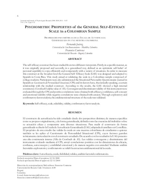 Pdf Psychometric Properties Of The General Self Efficacy Scale In A