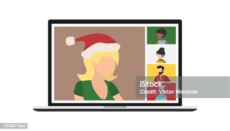 생일 검역 온라인 파티 벡터 그림입니다 메리 크리스마스와 새해 복 많은 새해를 기원 하는 사람들 2022년 화상 통화 또는 웹 컨퍼런스를 통해 휴일을 축하하고 선물을