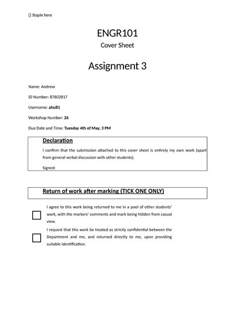 Engr101 Assignment 3 On Glider Physics And Impacts Staple Here Engr Cover Sheet Assignment