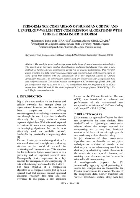 Pdf Performance Comparison Of Huffman Coding And Lempel Ziv Welch Text Compression Algorithms