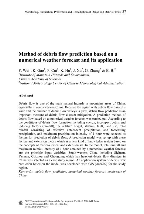 Pdf Method Of Debris Flow Prediction Based On A Numerical Weather Forecast And Its Application