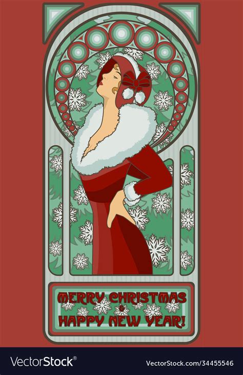 Art Nouveau Sexy Santa Girl New Year Card Vector Image