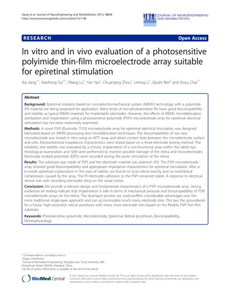 Pdf In Vitro And In Vivo Evaluation Of A Photosensitive Polyimide Thin Film Microelectrode