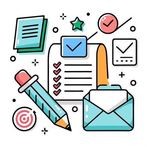 Colorful Illustration Of An Envelope Pencil Checklist Checkmarks Star And Target Premium Ai