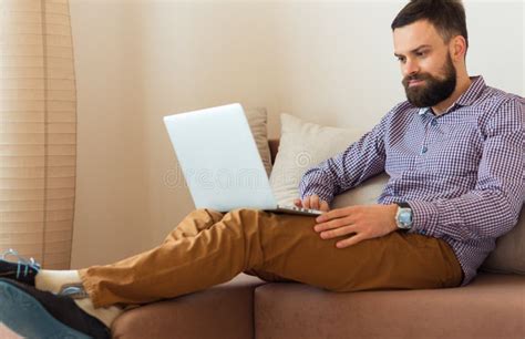 Bearded Man Working On Laptop At Home Stock Image Image Of Internet Modern 47181931