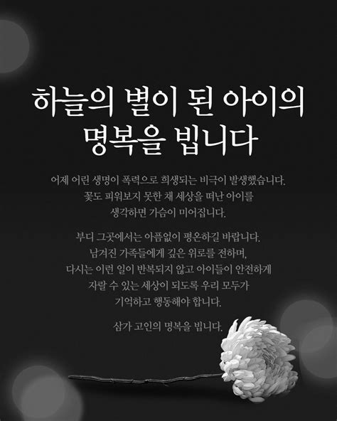 대전 중구 하늘의 별이 된 아이의 명복을 빕니다 어제 어린 생명이 폭력으로 희생되는 비극이 발생했습니다 꽃도 피워보지 못한 채 세상을 떠난 아이를 생각하면 가슴이