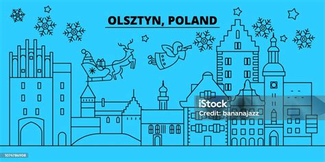 폴란드 올슈틴 겨울 휴일 스카이 라인입니다 메리 크리스마스 해피 뉴가 어 장식 산타 Clauspoland 올슈틴 선형 크리스마스 도시 벡터 평면 일러스트와 배너 0명에 대한