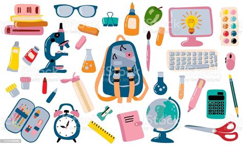 학교로 돌아 가기 학교 세트 흰색 배경 격리 벡터 일러스트 레이 션 가방에 대한 스톡 벡터 아트 및 기타 이미지 가방 가위