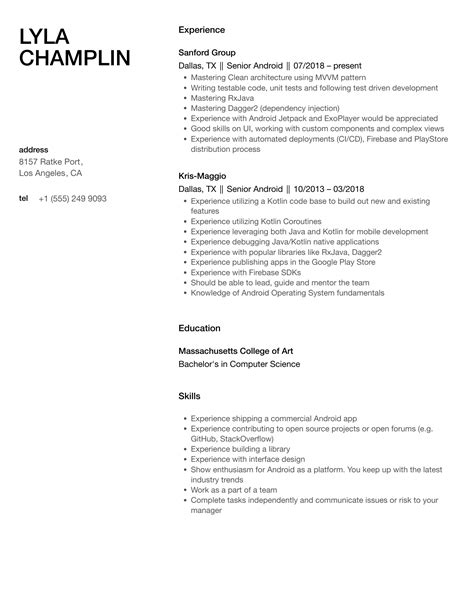 Senior Android Resume Samples Velvet Jobs