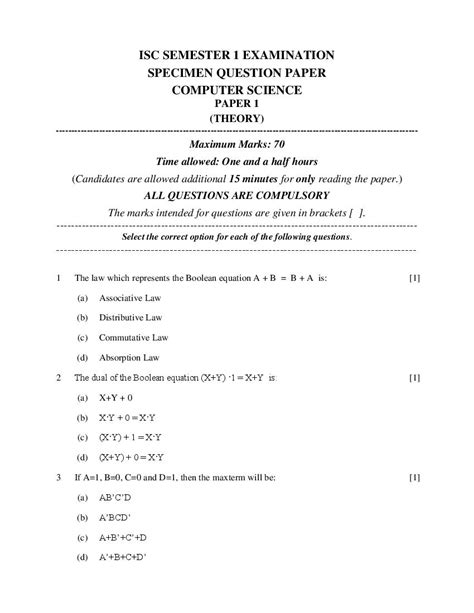 Isc Class 12 Specimen Paper 2022 Computer Science Semester 1