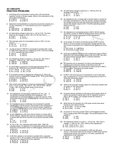 Ac Circuits Practice Problems Pdf Electrical Impedance Inductor