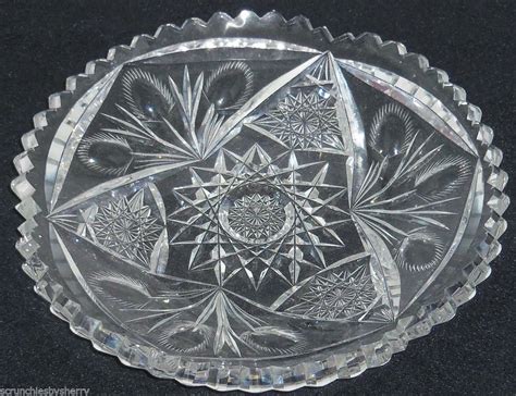 American Briliant Cut Glass Nappy Dish Candy Vintage Abp Star Leaves Libbey