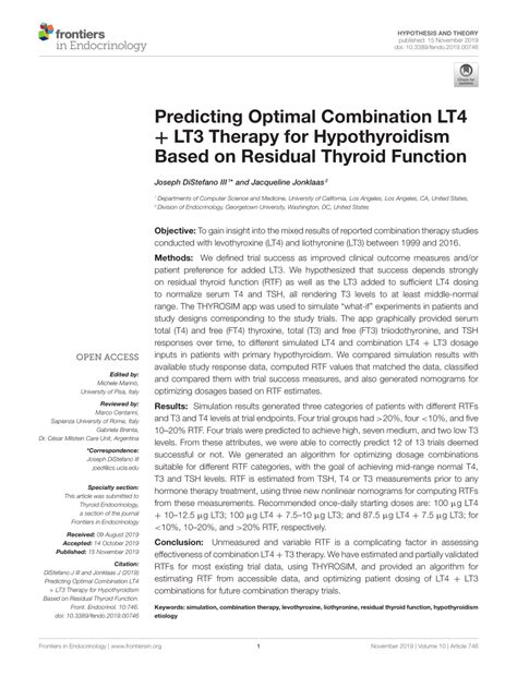 Pdf Predicting Optimal Combination Lt4 Lt3 Therapy For Hypothyroidism Based On Residual