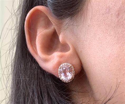 44 Carat Oval Pink Morganite And Diamond Halo Stud Earrings In Rose