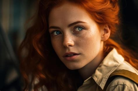 Premium Ai Image A Woman With Red Hair And Blue Eyes Looks Into The Camera