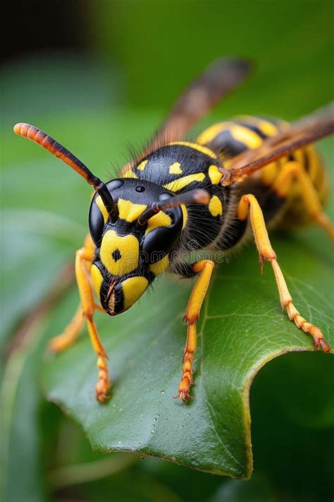 Una Avispa Amarilla Y Negra Sentada En Una Hoja Verde Imagen De Archivo
