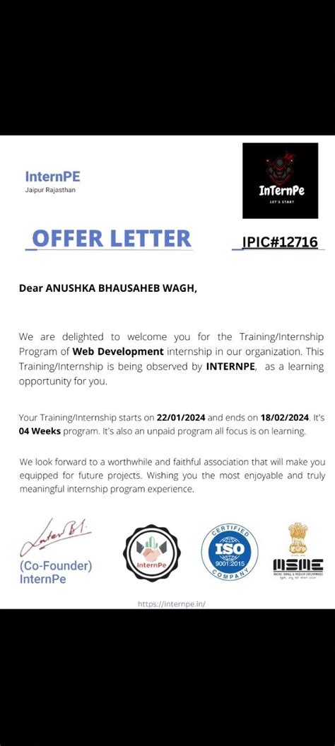 Anushka Wagh On Linkedin Internpe Web