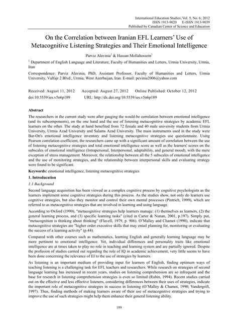 Pdf On The Correlation Between Iranian Efl Learners Use Of Metacognitive Listening Strategies