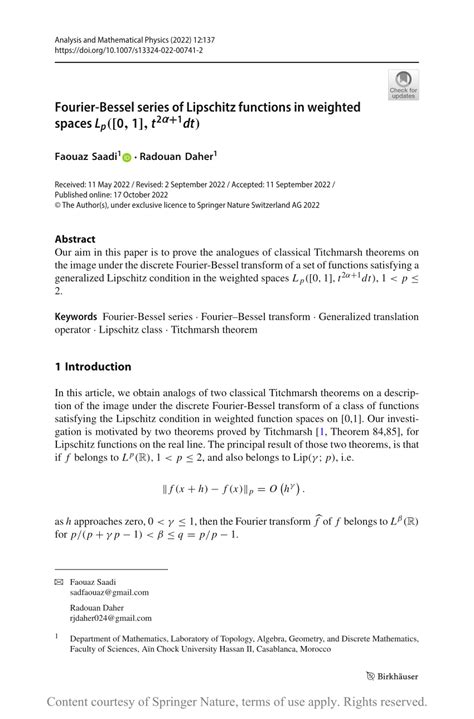 Fourier Bessel Series Of Lipschitz Functions In Weighted Spaces Lp [0 1] T2α 1dt Documentclass