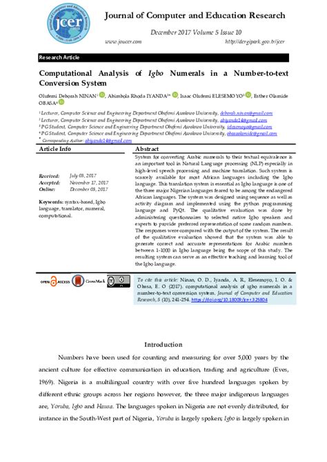 Pdf Computational Analysis Of Igbo Numerals In A Number To Text Conversion System