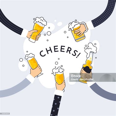 맥주 음료와 손 유리 병이있는 바 파티에서 친구 알코올 음료 토스트의 공예 머그잔 옥토버 페스트를 축하하십시오 에일과 라거 건배 텍스트 최소한의 디자인 벡터 일러스트 레이