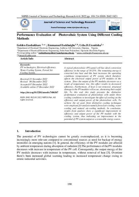 Pdf Performance Evaluation Of Photovoltaic System Using Different Cooling Methods