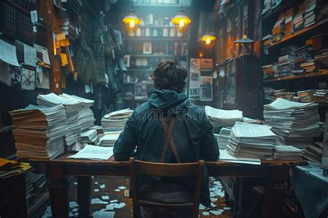 Man At Desk In Library Surrounded By Stacks Of Books In Building Stock