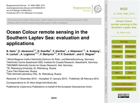 Pdf Ocean Colour Remote Sensing In The Southern Laptev Sea Evaluation And Applications