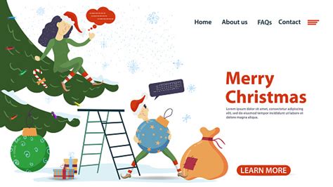 웹 페이지 모바일 응용 프로그램의 크리스마스와 새해 디자인 배너 작은 엘프는 휴일 플랫 벡터 일러스트레이션전나무 장식 개념에 대한 스톡 벡터 아트 및 기타 이미지 Istock