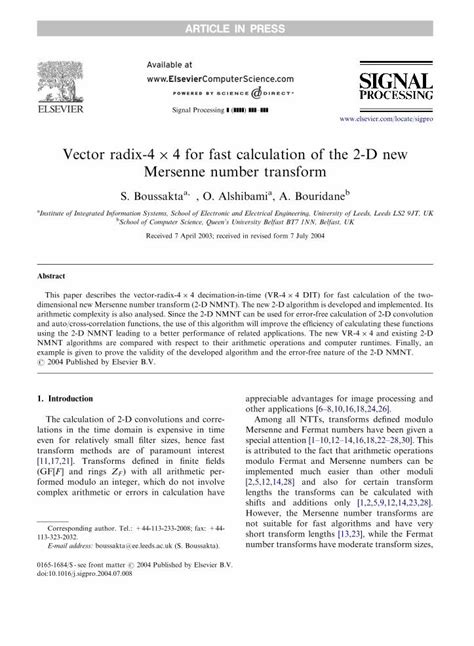 Pdf Vector Radix For Fast Calculation Of The 2 D New Mersenne Number