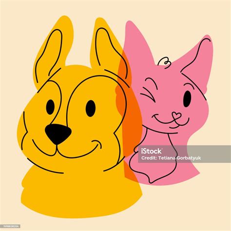 개와 고양이 아바타 배지 포스터 로고 템플릿 인쇄 Riso 인쇄 효과가 있는 미니멀한 스타일의 벡터 그림입니다 플랫 만화 스타일 개에 대한 스톡 벡터 아트 및 기타 이미지