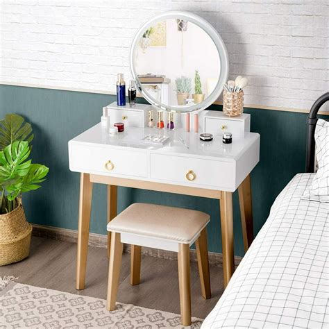 Ktaxon Vanity Table Set With Round Mirror For Girls White Bedroom Dressing Table With Vanity