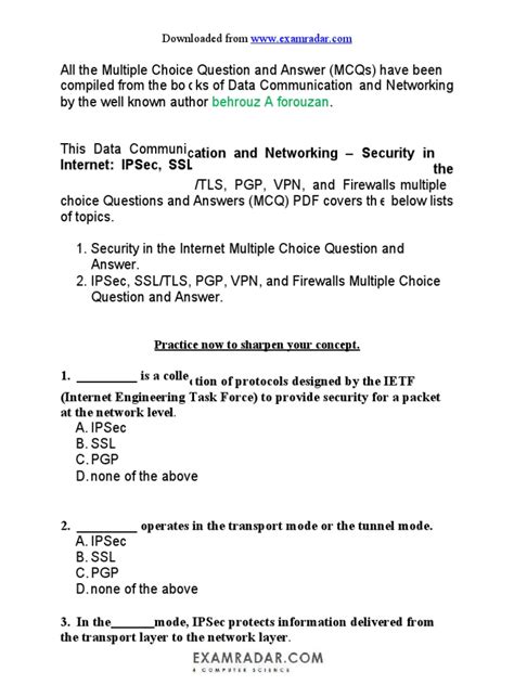 Ch 32 Security In The Internet Ipsec Ssltls Pgp Vpn And Firewalls Multiple Choice Questions And