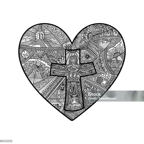 기독교 낙서 삽화 안에 십자가가 있는 마음 그리스도이신 구주의 길을 묘사예수니다 성 삼위일체에 대한 스톡 벡터 아트 및 기타 이미지 성 삼위일체 가시 갈보리 예루살렘