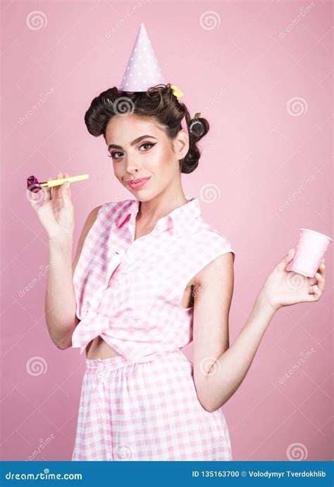 Pinup Girl With Fashion Hair Pin Up Woman With Trendy Makeup Happy
