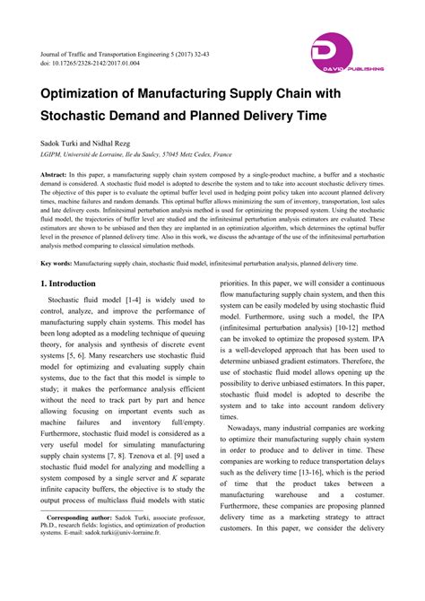 Pdf Optimization Of Manufacturing Supply Chain With Stochastic Demand And Planned Delivery Time