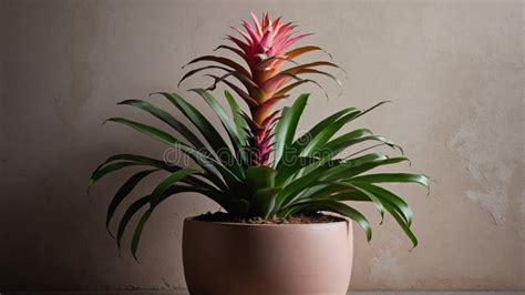 Bromeliad With Pink Tipped Leaves Growing In A Terracotta Pot Stock