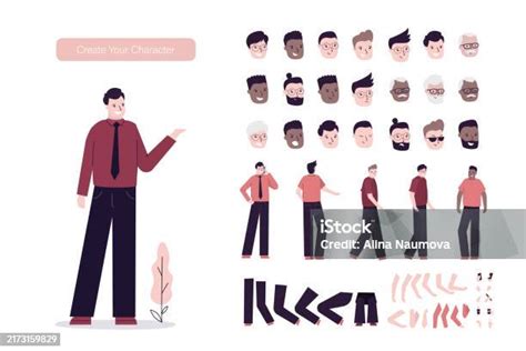 성인 남성 캐릭터 생성자 사업가 또는 회사원 남자 다양한 얼굴 포즈 제스처 및 감정 애니메이션을 위한 팔 다리 및 몸의 위치 세트 건설 산업에 대한 스톡 벡터 아트 및 기타