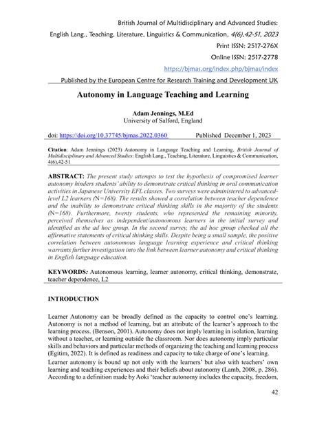 Pdf Autonomy In Language Teaching And Learning