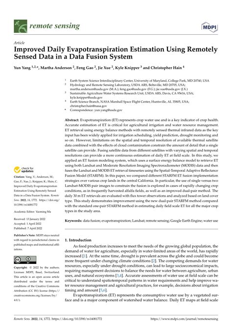 Pdf Improved Daily Evapotranspiration Estimation Using Remotely Sensed Data In A Data Fusion