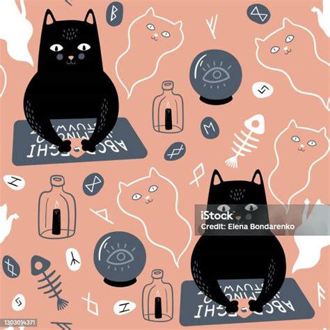 검은 고양이 Ouija 보드 유령 크리스탈 볼 룬 촛불 및 물고기 해골과 원활한 패턴 핑크 배경에 매직 재미있는 그림 수정 구슬에 대한 스톡 벡터 아트 및 기타 이미지